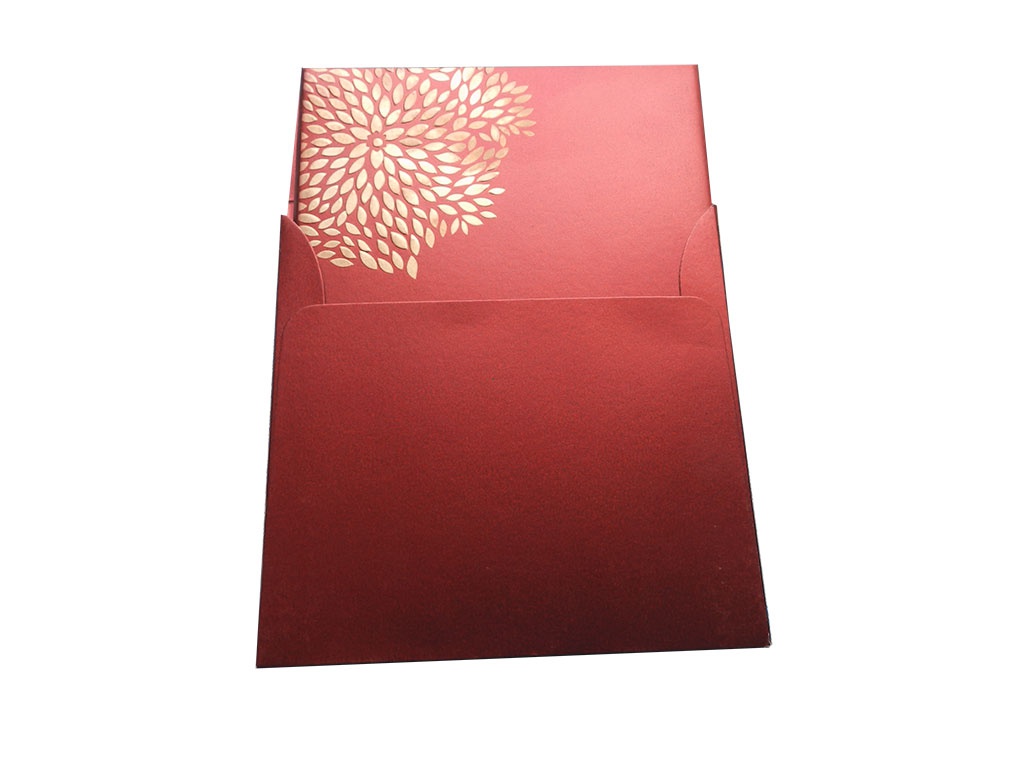 Red Wedding Card with Embossed Golden Leaves