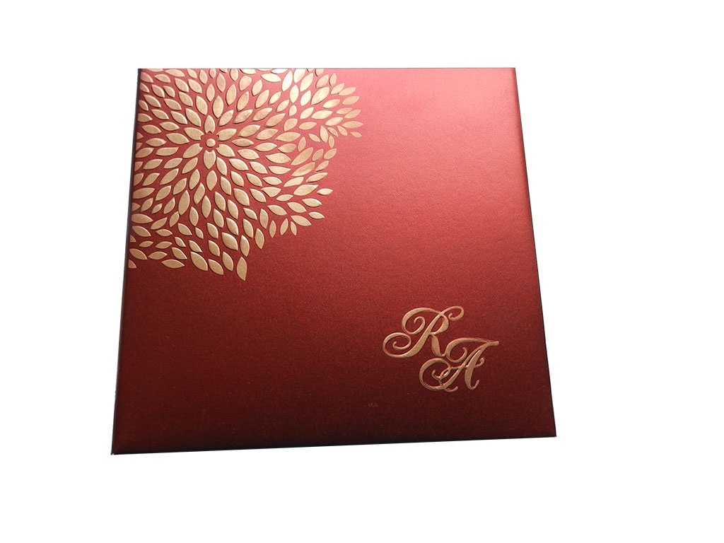 Red Wedding Card with Embossed Golden Leaves