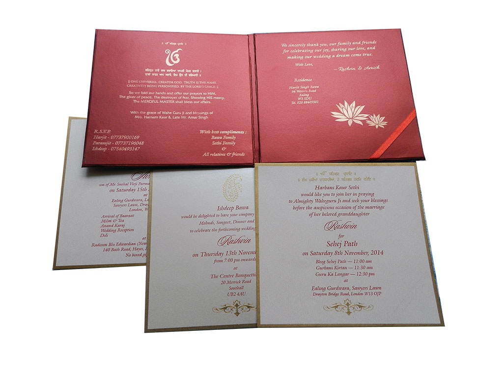 Red Wedding Card with Embossed Golden Leaves