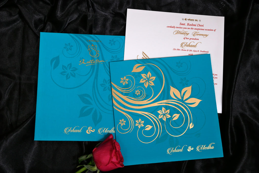 Wedding Invitation in Cyan and Golden Floral Theme